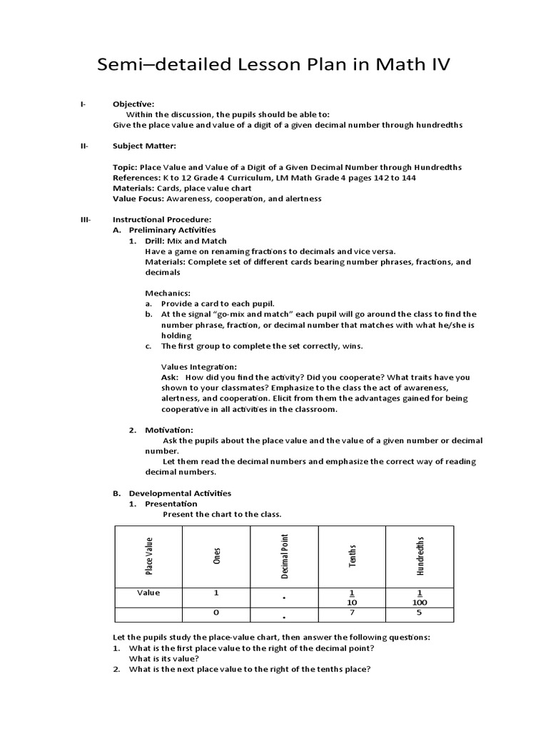 Grade 4 Decimal Place Value Lesson Plan | PDF | Numbers | Lesson Plan