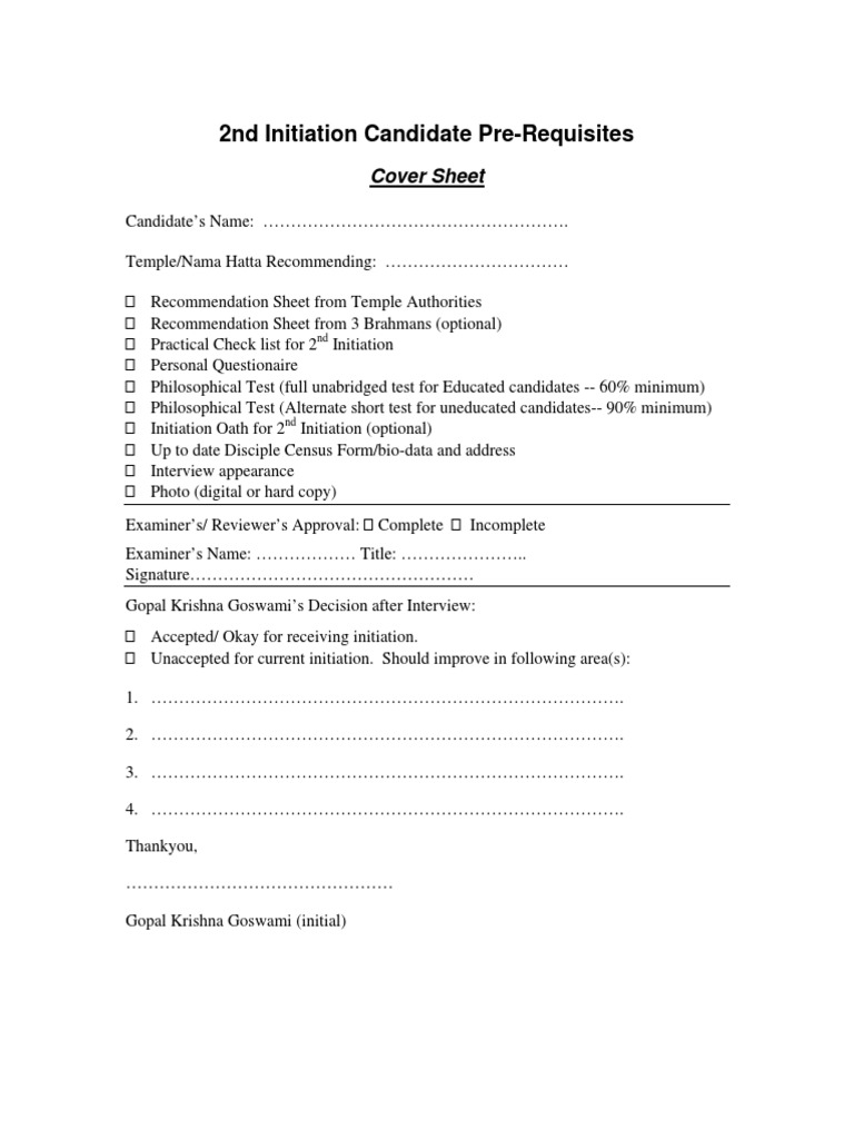 2nd Initiation Candidate Pre-Requisites: Cover Sheet | PDF | Krishna ...