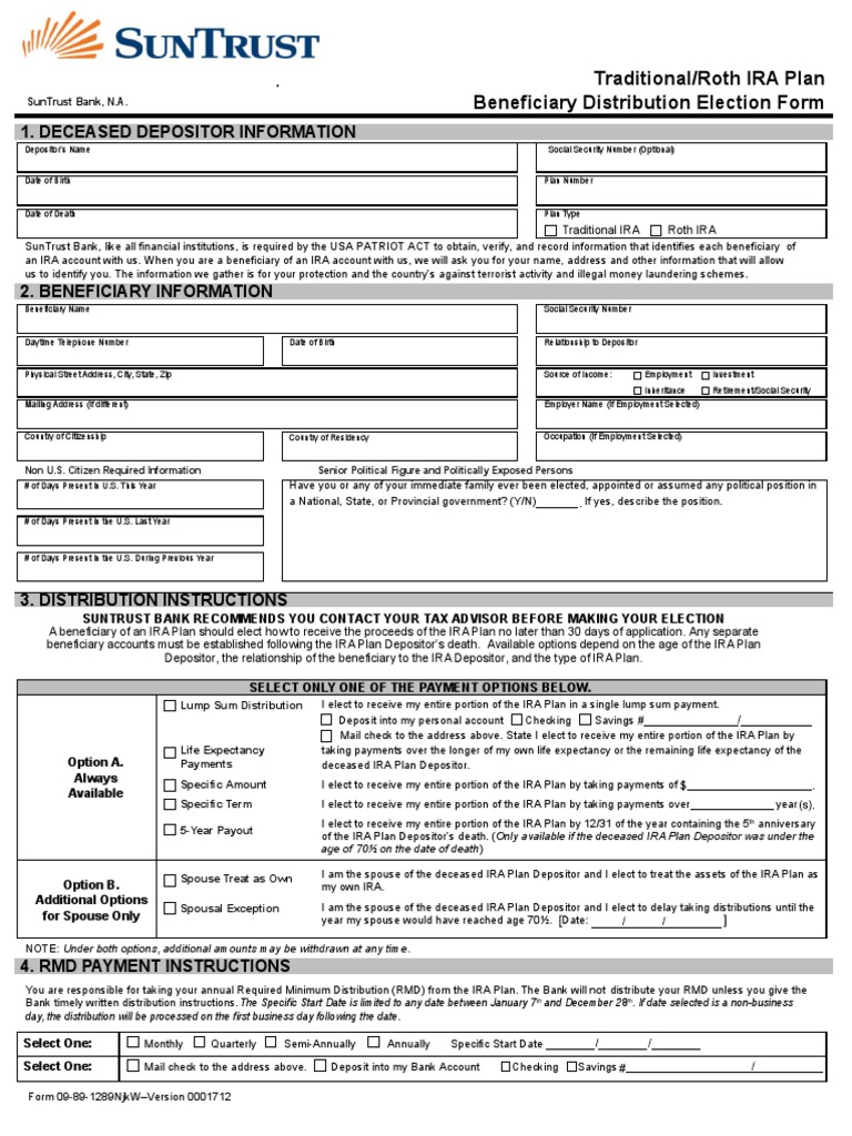Deceased Depositor Information: Traditional/Roth IRA Plan Beneficiary ...