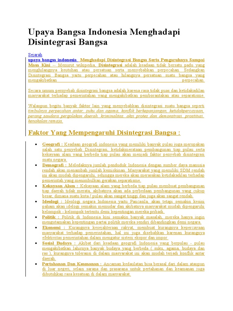 Perjuangan Menghadapi Disintegrasi Bangsa Serta Pengaruhnya Sampai Masa ...