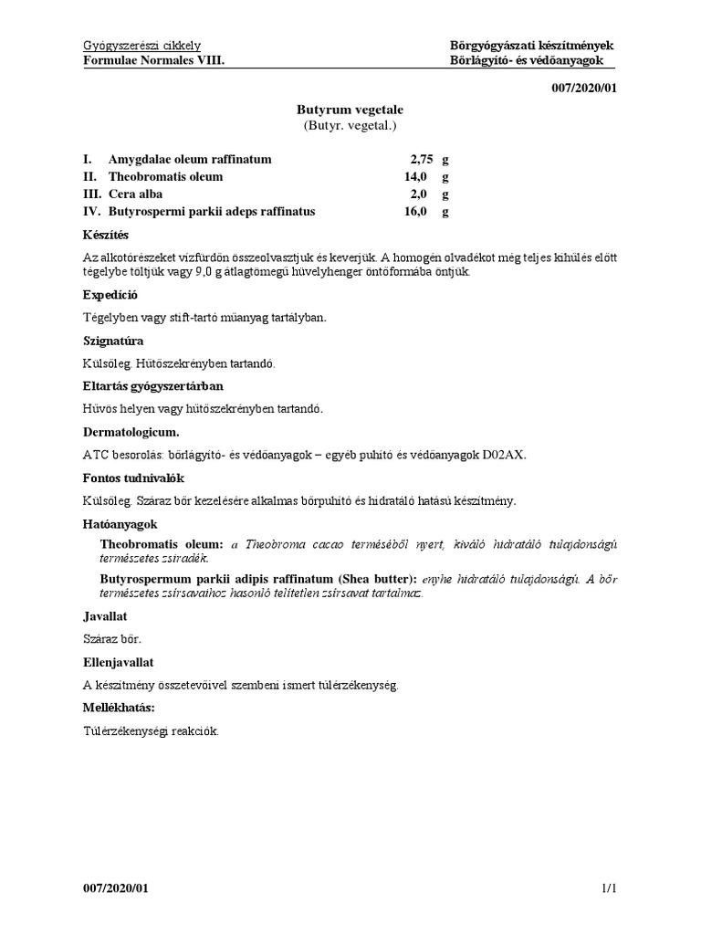Butyrum Vegetale FoNoVIII 01 Gyogyszereszi Cikkely | PDF