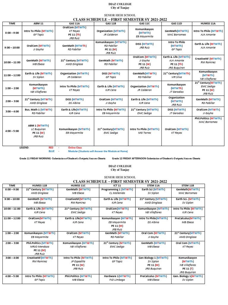 Diaz College Senior High Class Schedule | PDF