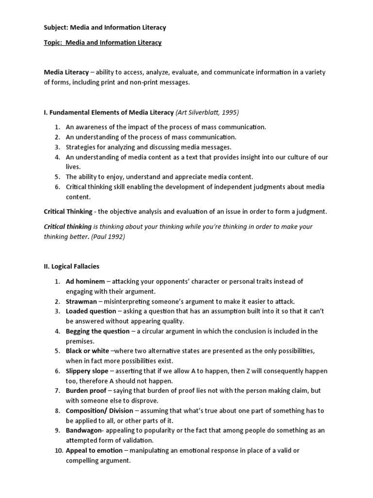 MEIL MEDIA AND INFORMATION LITERACY Handout 3 | PDF
