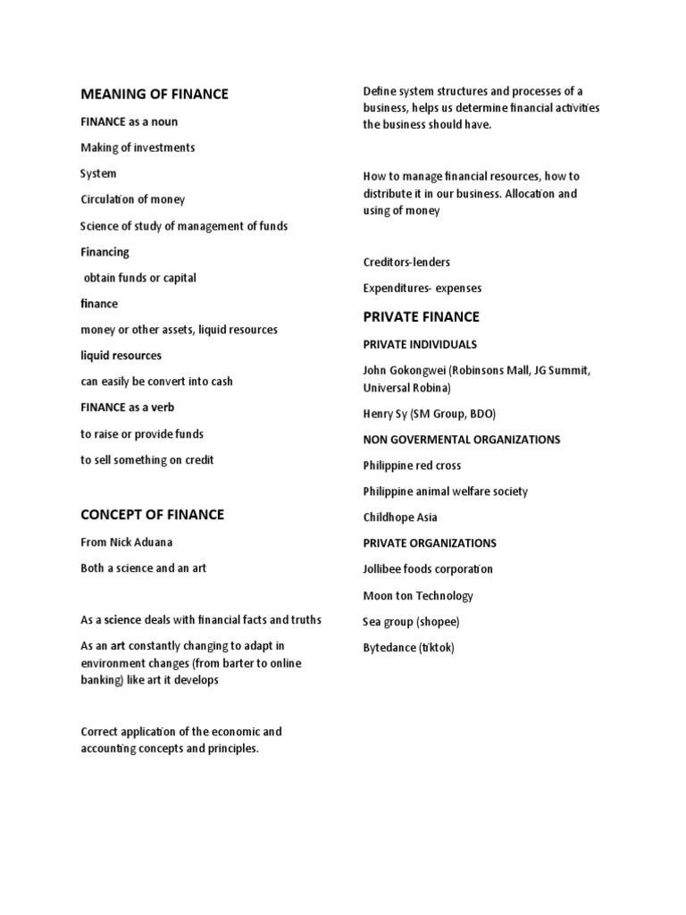 Meaning of Finance: FINANCE As A Noun | PDF | Business | Investing