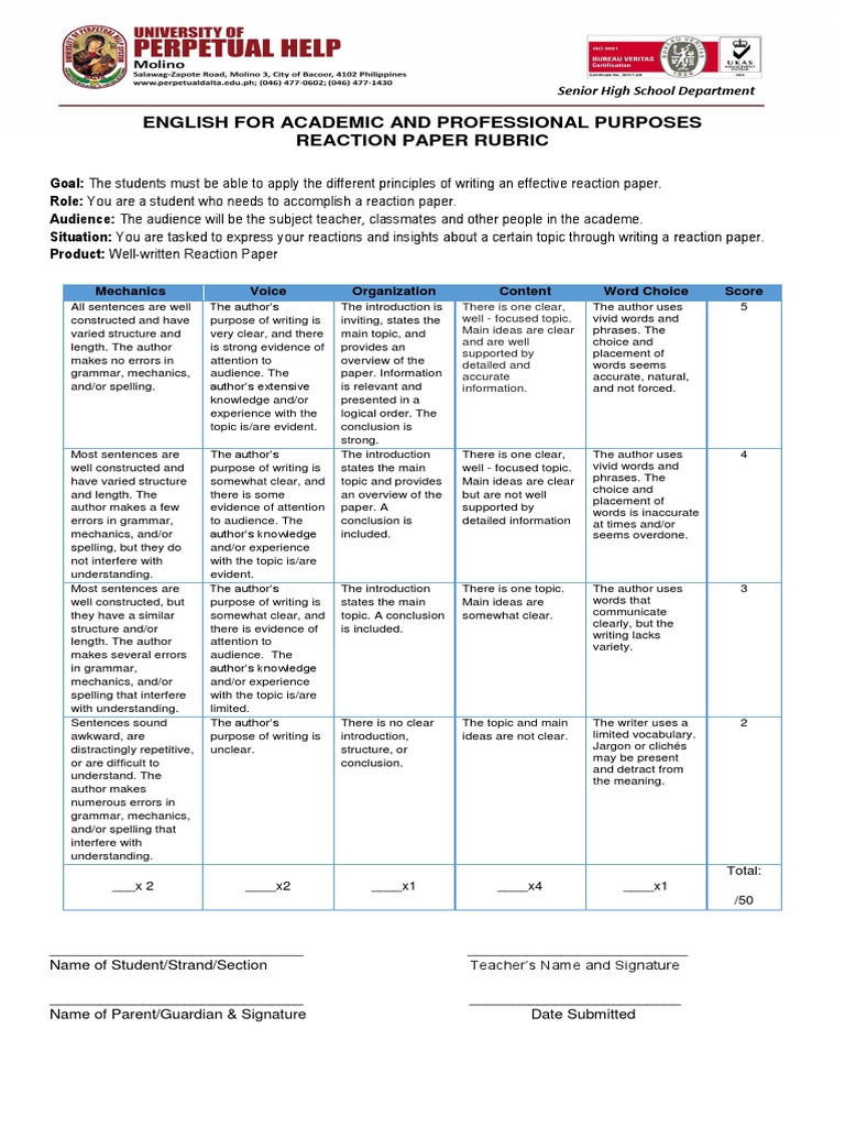 Reaction Paper Rubric | PDF | Phrase | Rubric (Academic)