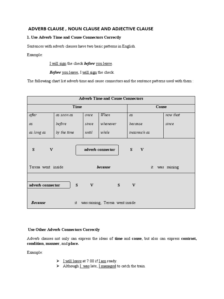 Adverb Clause, Noun Clause and Adjective Clause | PDF | Adverb | Adjective