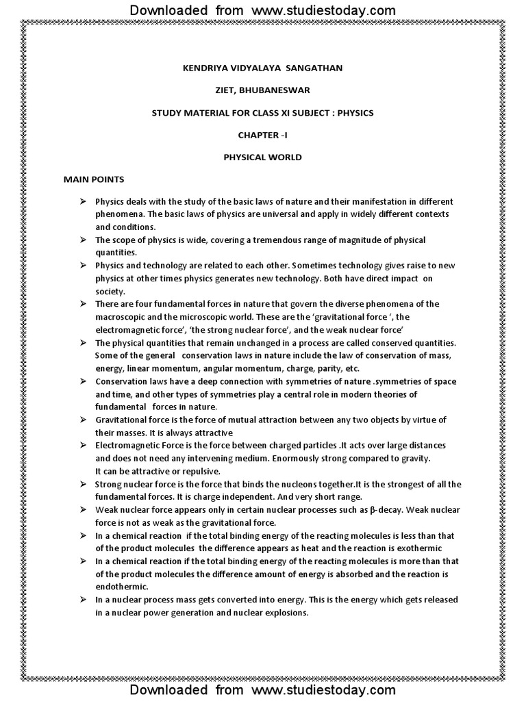 CBSE Class 11 Physics Study Material All Chapters | PDF | Force | Acceleration