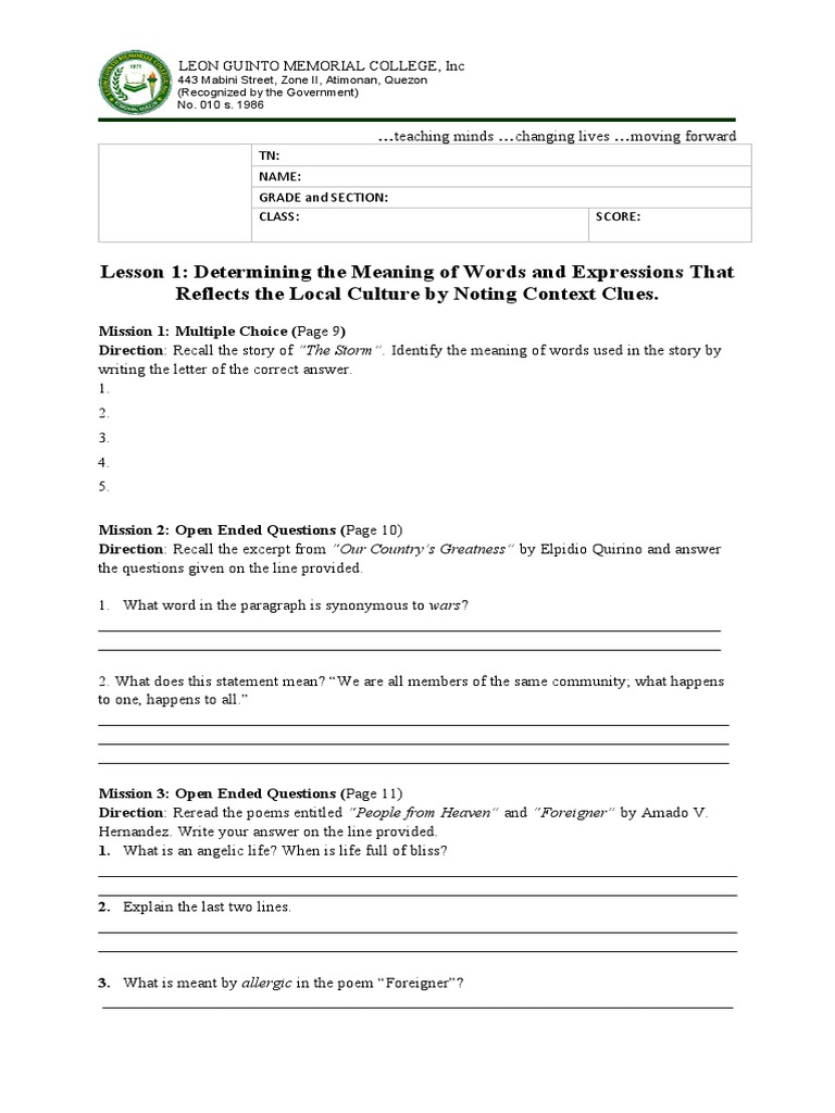 Lesson 1: Determining The Meaning of Words and Expressions That ...