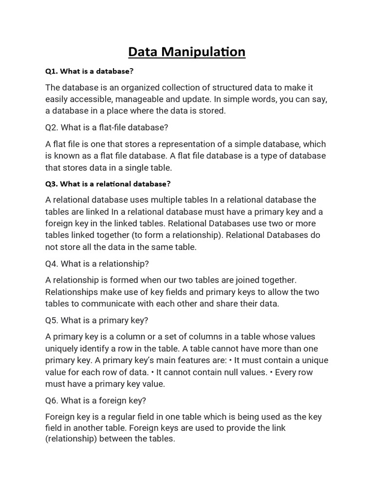 Data Manipulation: Q1. What Is A Database? | PDF | Relational Database ...