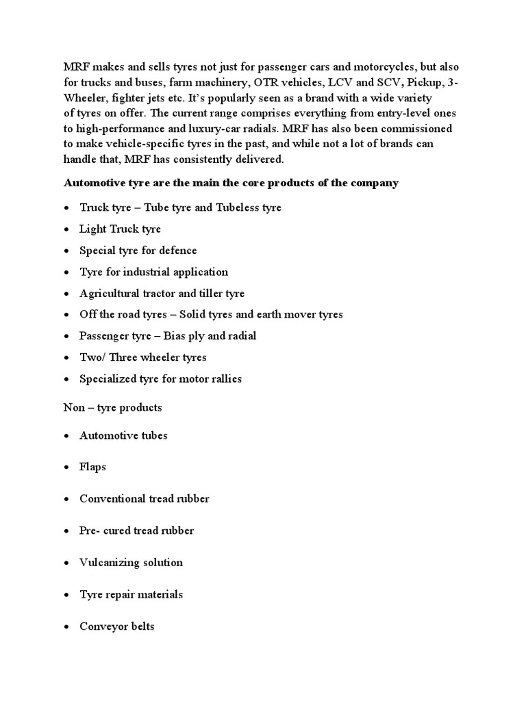 An Overview of MRF's Core Automotive Tyre Products, Non-Tyre Products ...