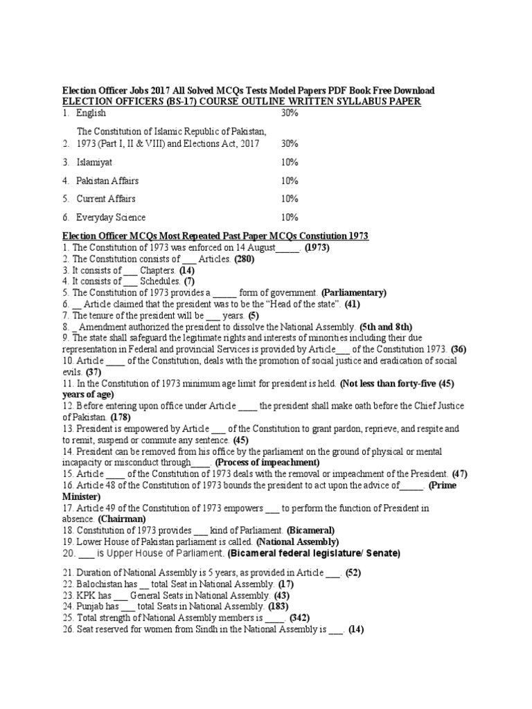 Election Officer Jobs 2017 All Solved Mcqs Tests Model Papers PDF Book ...