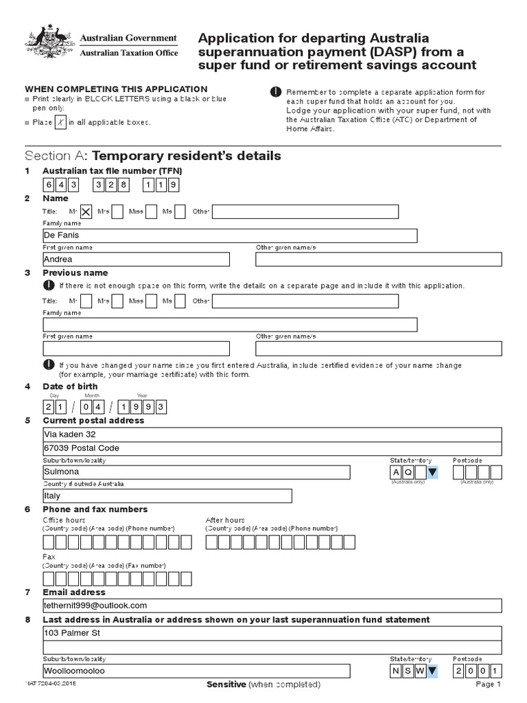 Application For Departing Australia Superannuation Payment (DASP) From A Super Fund or ...