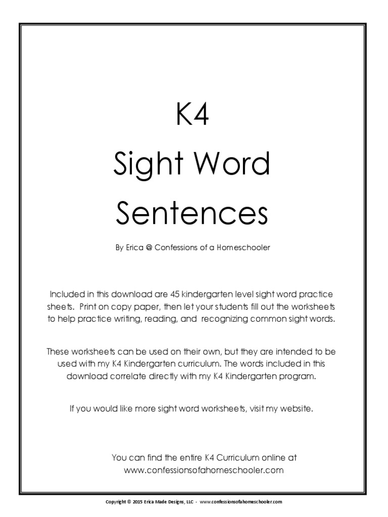 K4 Sight Word Sentences: by Erica at Confessions of A Homeschooler ...