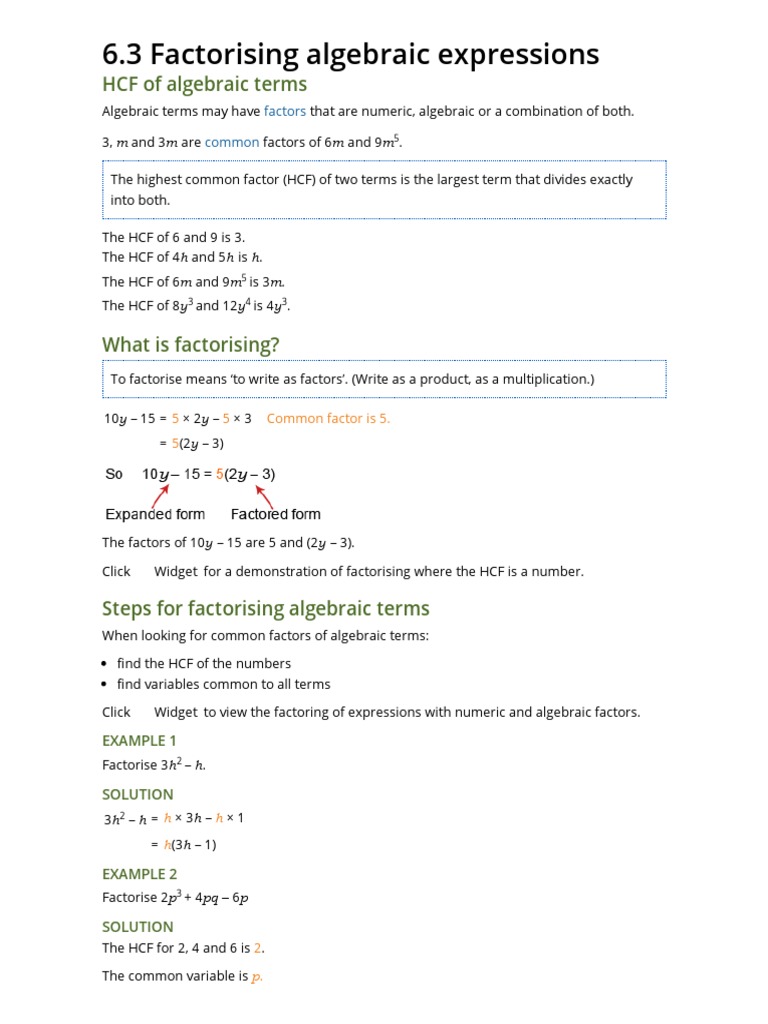 6.3 Factorising Algebraic Expressions | PDF