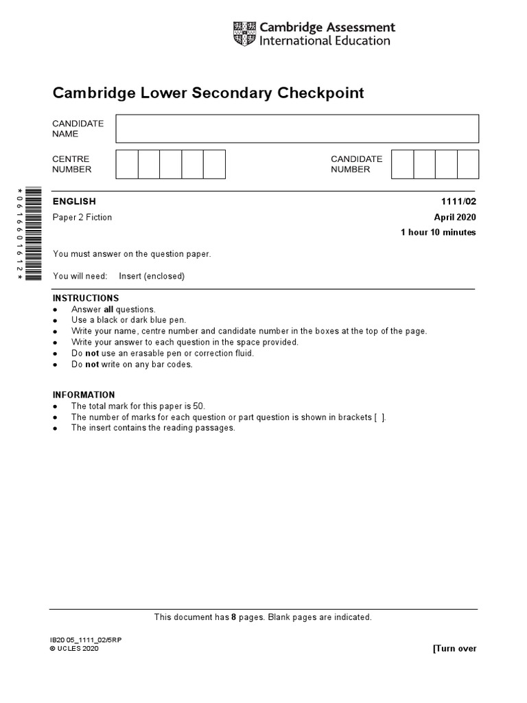 Cambridge Secondary Checkpoint - English (1111) April 2020 Paper 2 ...