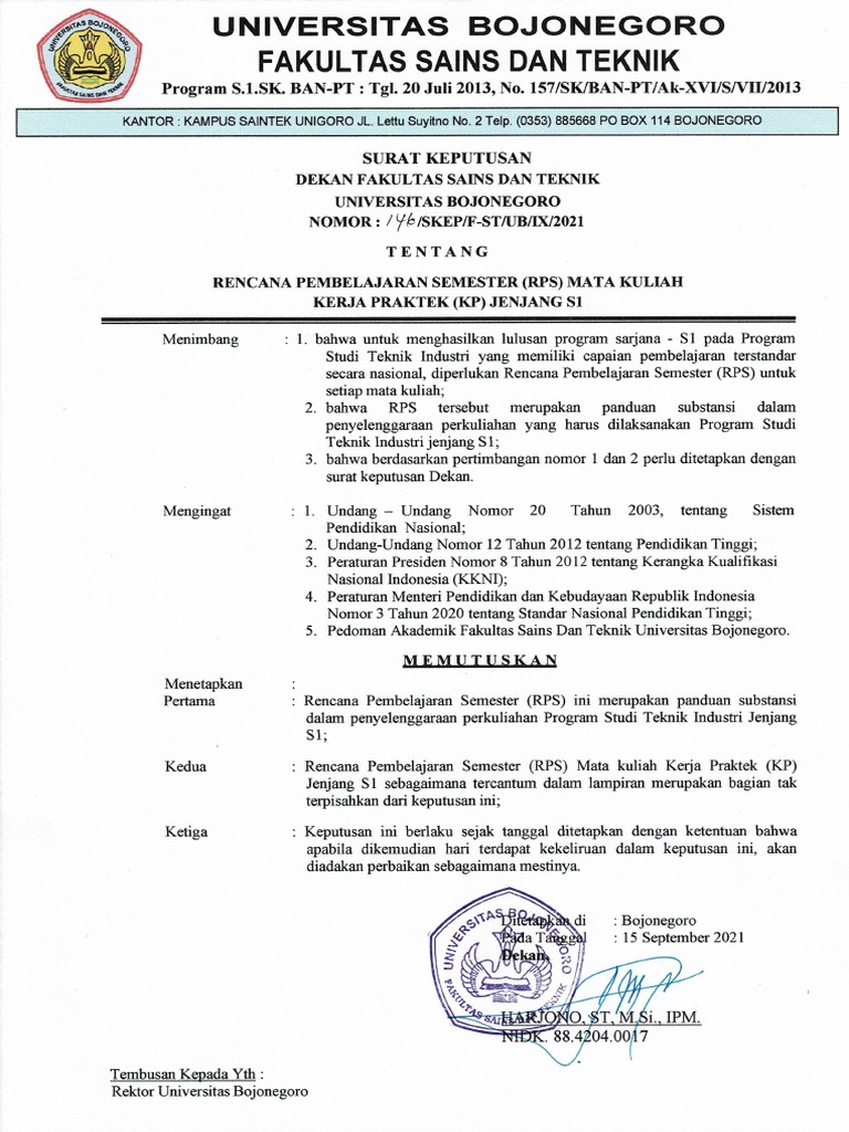 SK Dekan RPS - Kerja Praktek | PDF