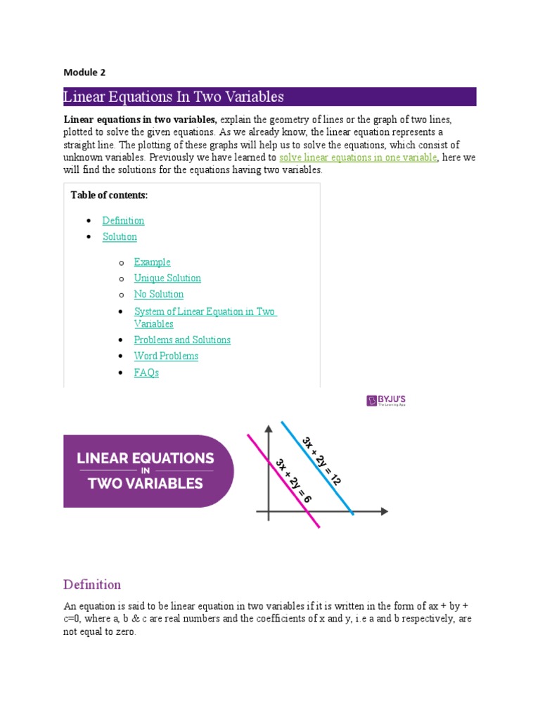 Linear Equations in Two Variables: Table of Contents | PDF | Equations ...
