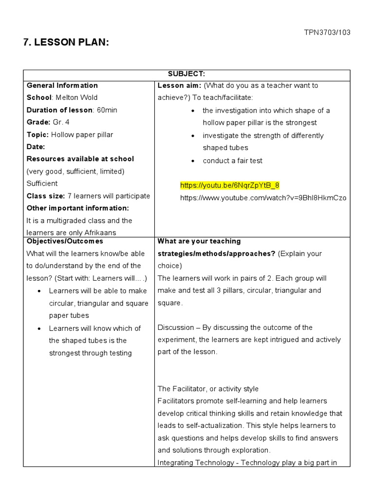 Les 1 Lesson Plan TPN3703 | PDF | Learning | Educational Assessment