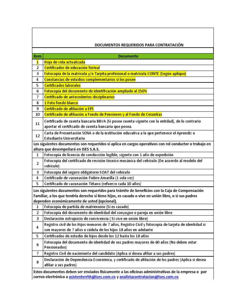 Documentos Requeridos para Contratación | PDF
