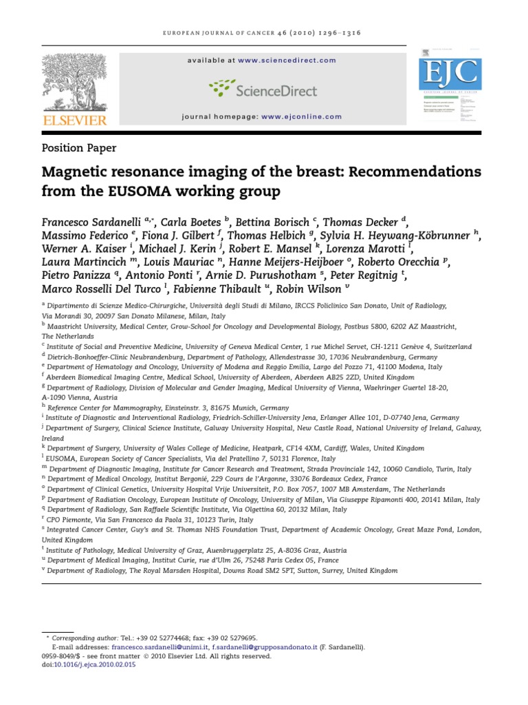 EUSOMA Guidelines for Breast MRI Use | PDF | Breast Cancer | Biopsy