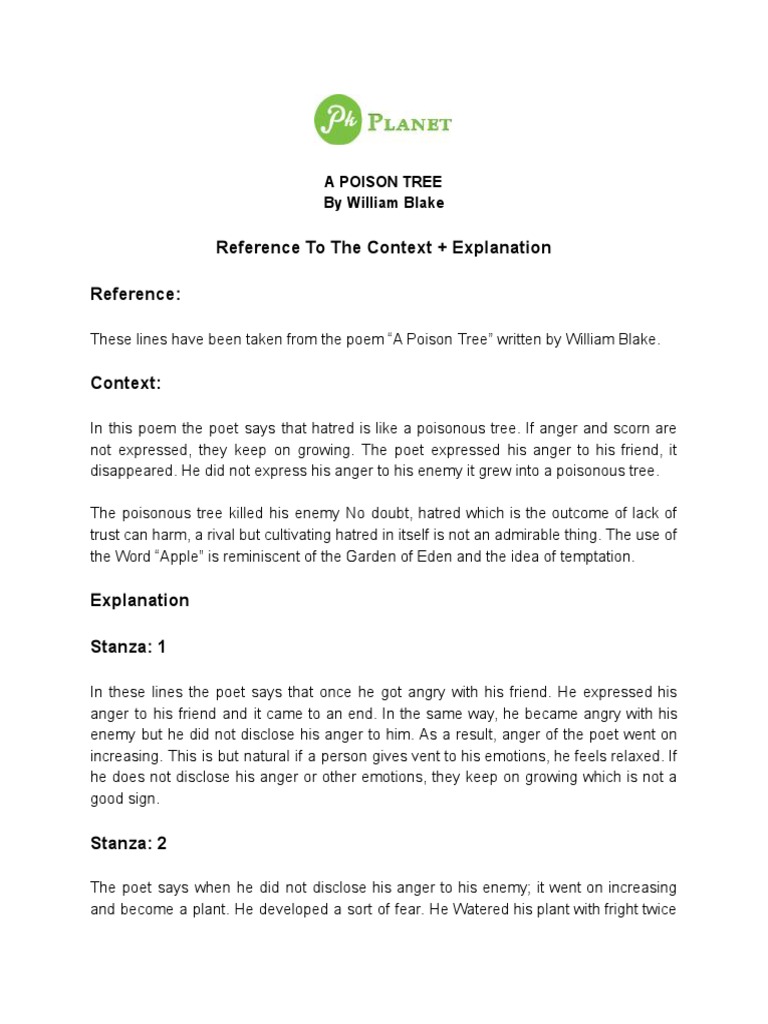 Reference To The Context + Explanation Reference:: A Poison Tree by William Blake | Download ...