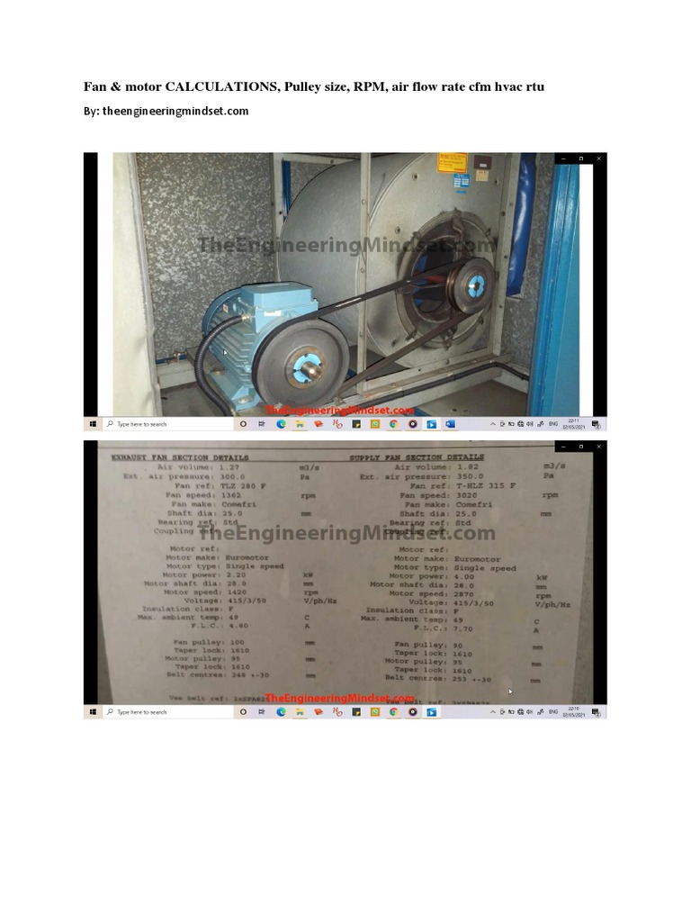 Fan & Motor CALCULATIONS, Pulley Size, RPM, Air Flow Rate CFM Hvac Rtu ...