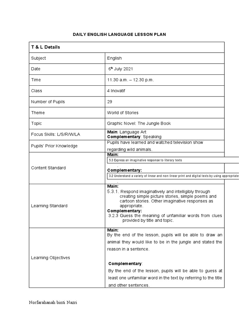 T & L Details: Daily English Language Lesson Plan | Descargar gratis ...