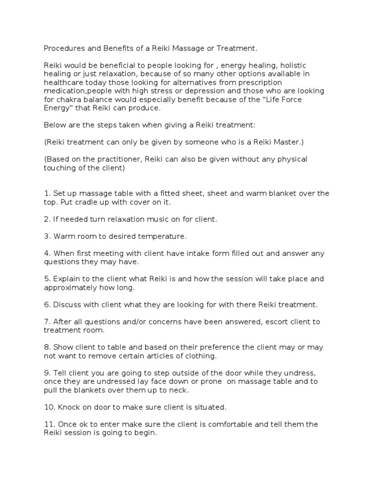 Reiki Massage Procedure and Benefits | PDF | Massage | Reiki