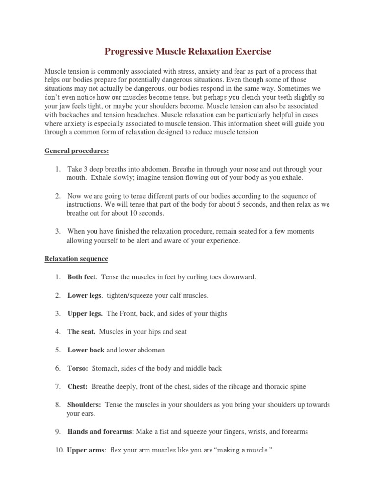 Progressive Muscle Relaxation Exercise | PDF | Relaxation (Psychology ...