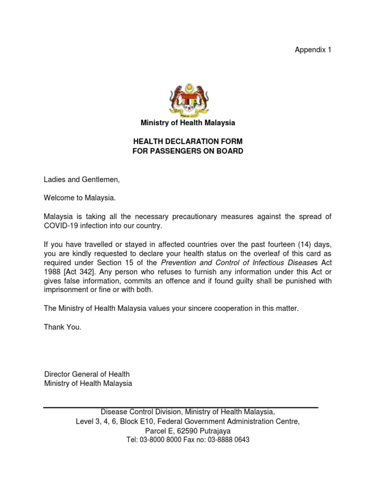 Ministry of Health Malaysia Health Declaration Form For Passengers On ...