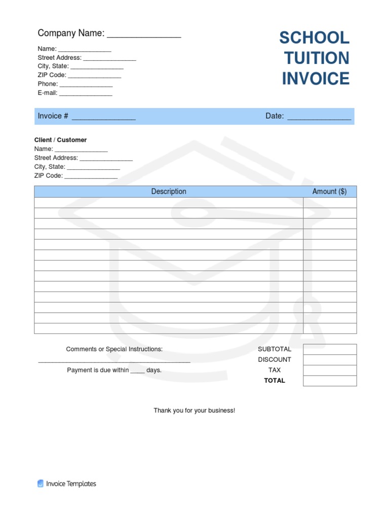 School Tuition Invoice Template | PDF