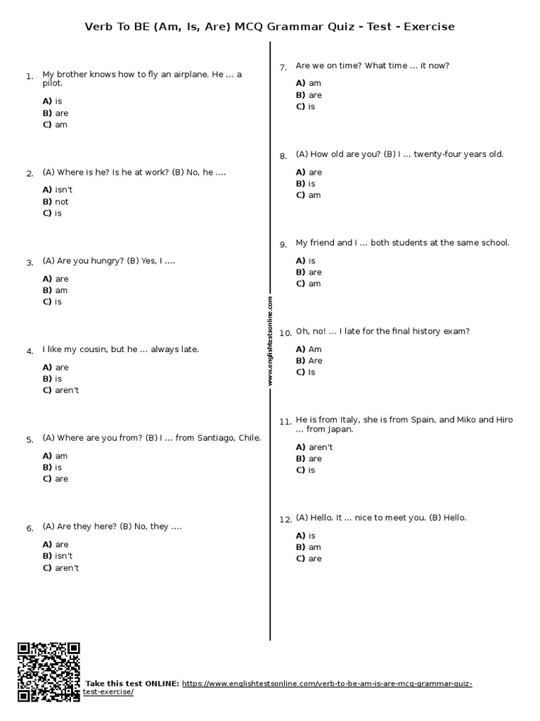 781 - Verb To Be Am Is Are MCQ Grammar Quiz Test Exercise | PDF | Tests