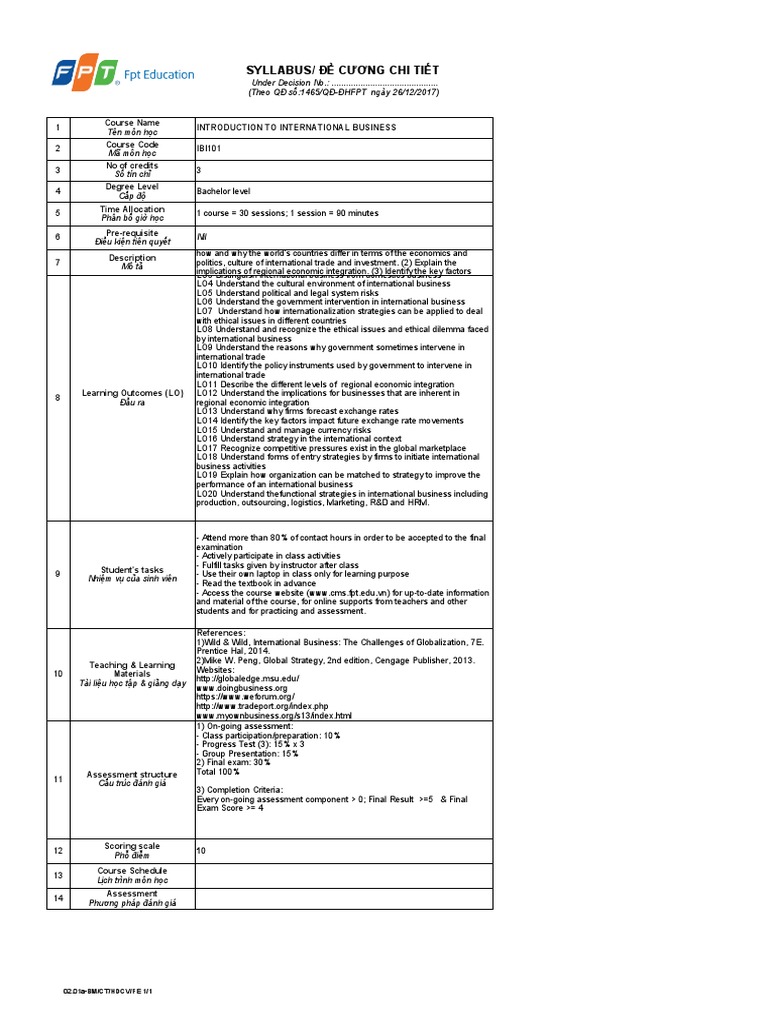 Syllabus IBI101 Spring 2018 | PDF | Reading Comprehension | Educational Assessment