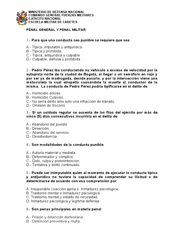 Cuestionario Banco Preguntas Examen Penal | PDF | Derecho penal | Castigos