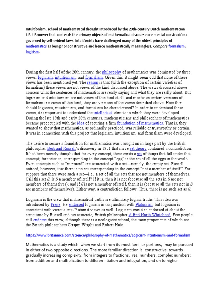 Philosophy Logicism Intuitionism Formalism Reason | PDF | Mathematics ...