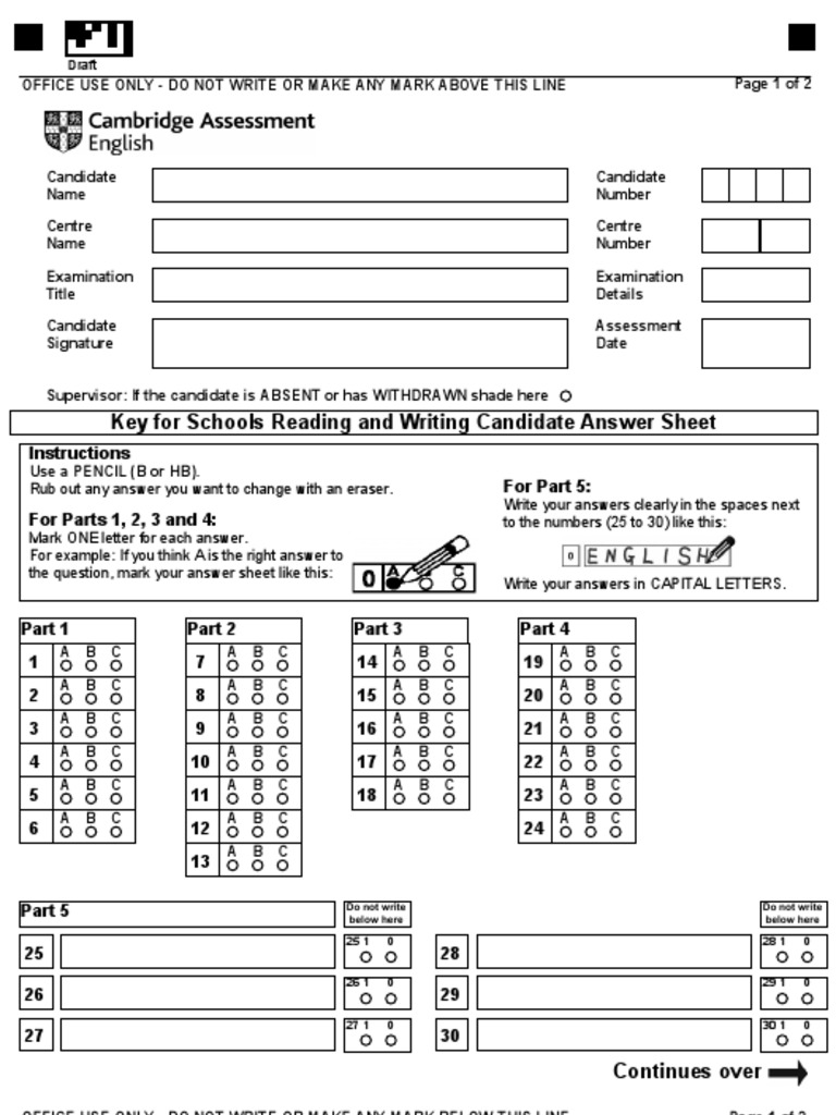 KET Reading and Writing Answer Sheet | PDF
