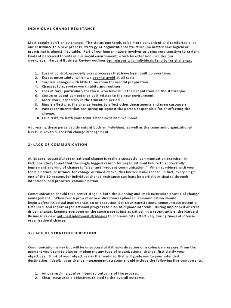 Individual Change Resistance | PDF | Reason | Communication