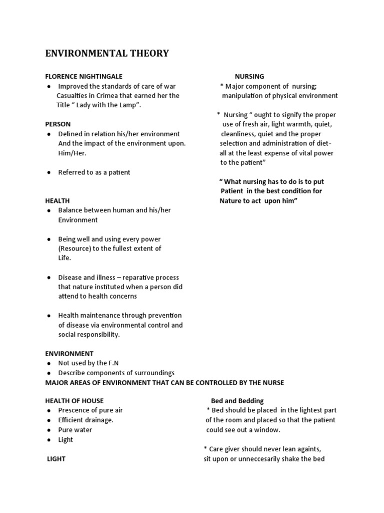 Environmental Theory | PDF | Nursing | Florence Nightingale