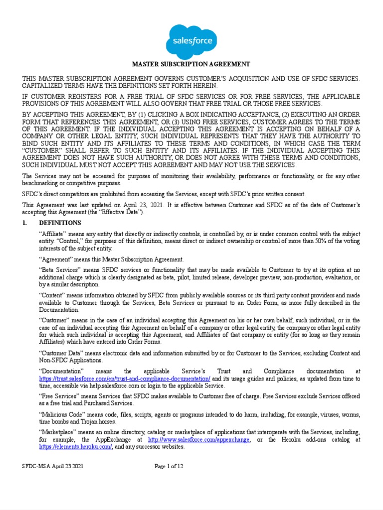 Master Subscription Agreement: SFDC-MSA April 23 2021 Page 1 of 12 ...