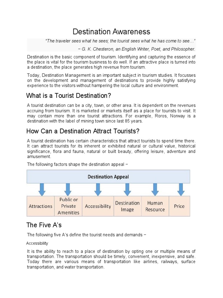 Destination Awareness: What Is A Tourist Destination? | PDF | Tourism ...