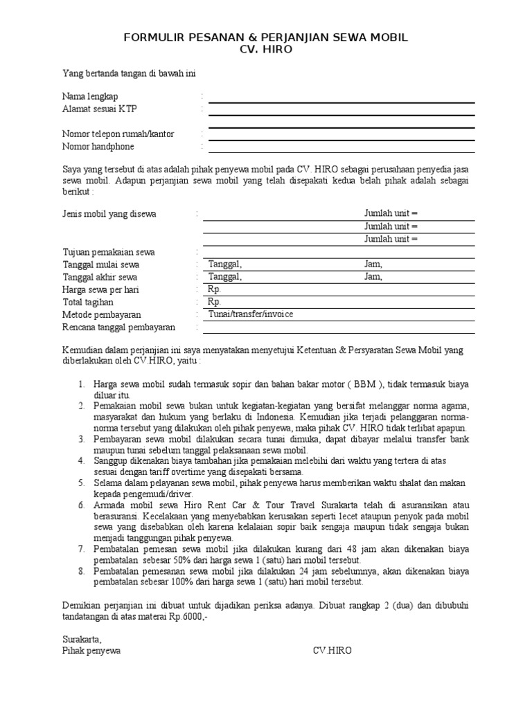 Formulir Sewa Mobil Hiro Rent Car Surakarta | PDF