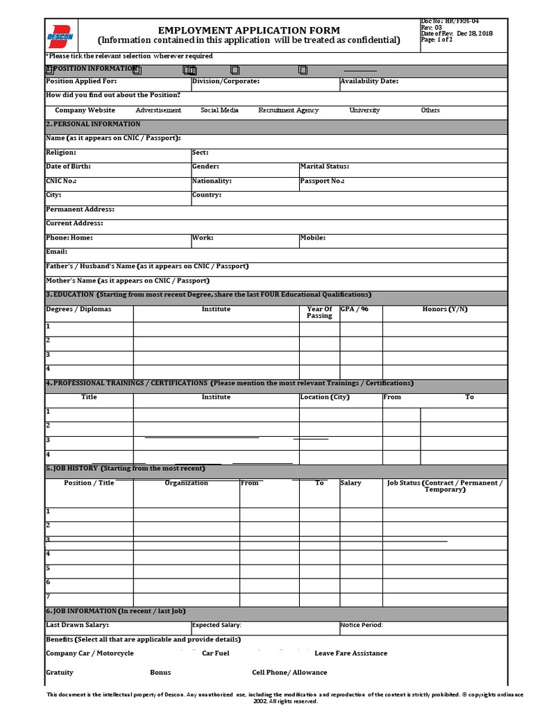 Employment Application Form: (Information Contained in This Application ...