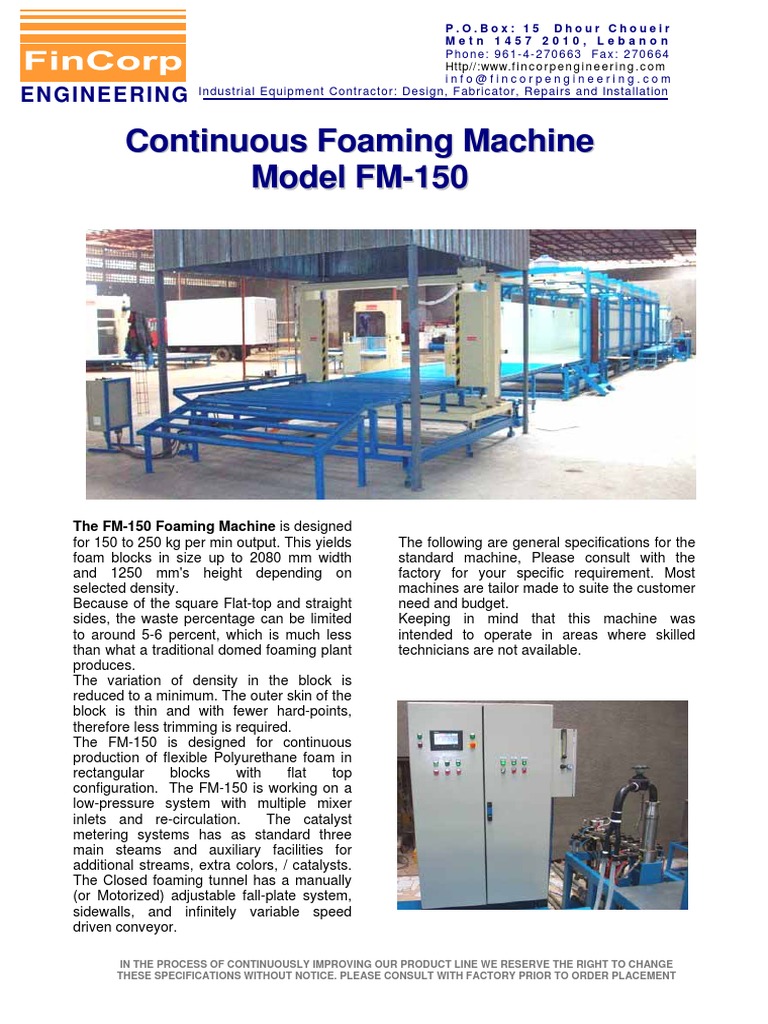 Specifications and Technical Details of the FM-150 Continuous Foaming ...