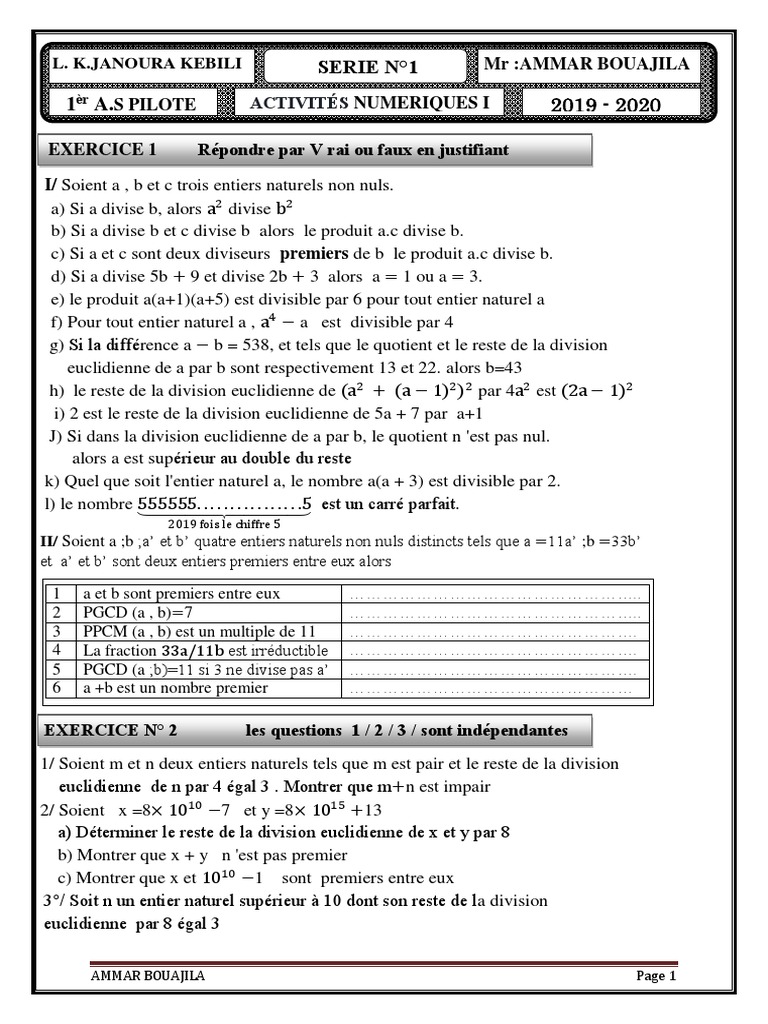 Serie N°2 Activite's Numeriques I 2020 - 2021 | PDF | Entier naturel ...