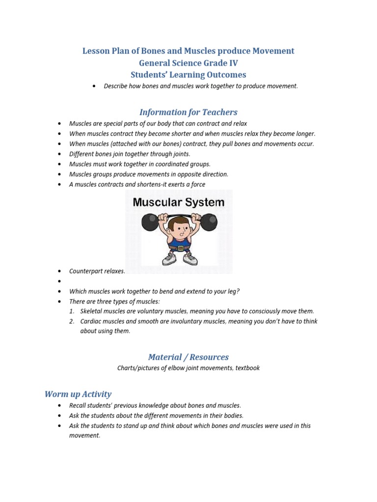 Lesson Plan of Bones and Muscles Produce Movement | PDF | Arm | Muscle