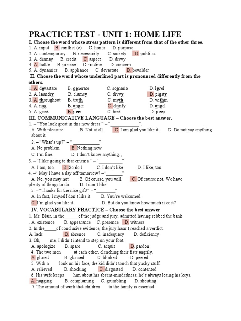 Practice Test - Unit 1: Home Life | PDF