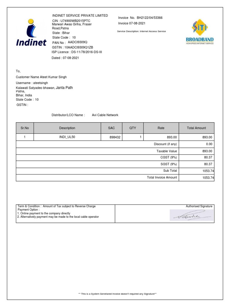 Ateet Wifi Bill | PDF | Internet | Service Industries