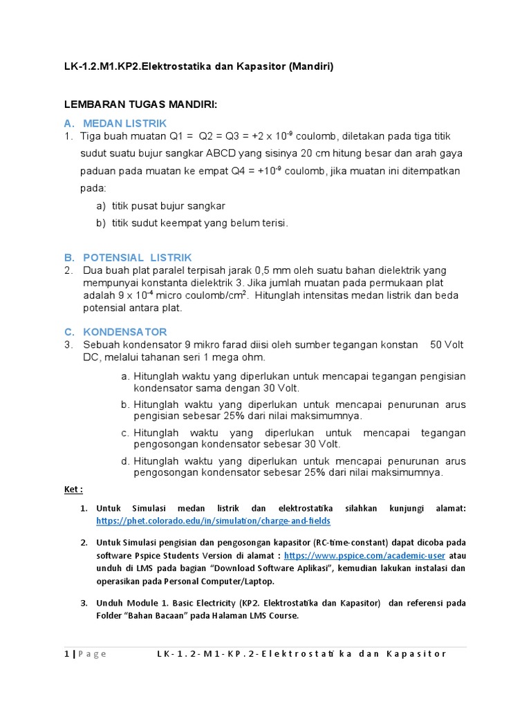 LK-1.2.M1.KP2.Elektrostatika Dan Kapasitor (Mandiri) | PDF