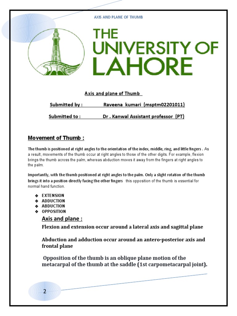 Axis and Plane of Thumb | PDF | Anatomical Terms Of Motion | Thumb