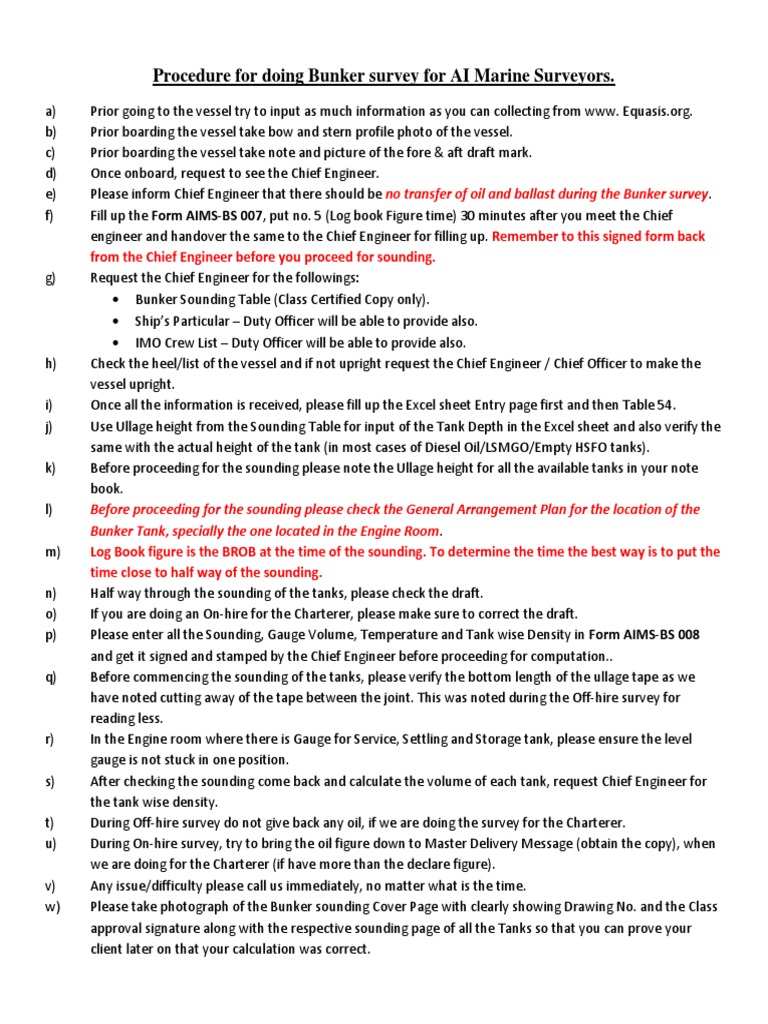Procedure For Doing Bunker Survey For AI Marine Surveyors | PDF | Fuel ...